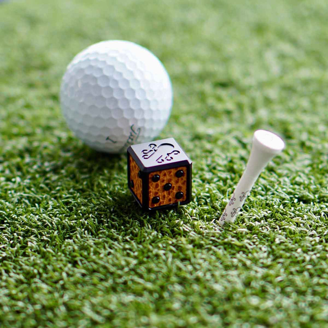 Black Anodized Die - Camel Leather Golf Marker | Kraken Golf